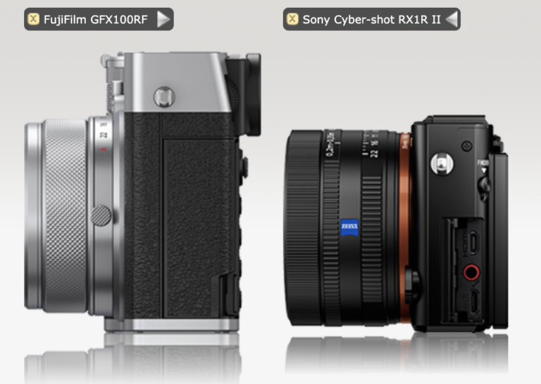 Size Comparison: Fujifilm GFX100RF vs GFX50R vs X100VI vs Leica Q3 vs Sony RX1rII vs Hasselblad ...